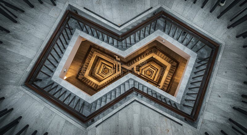 Geometric Overhead View of a Multi-story Spiral Staircase with Angular ...