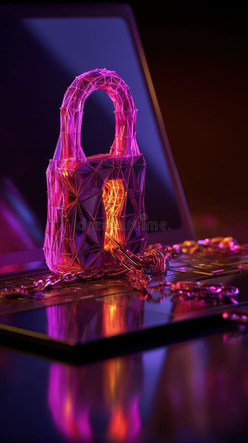 Geometric Padlock with Chain Lying on a Laptop Keyboard, Symbolizing ...