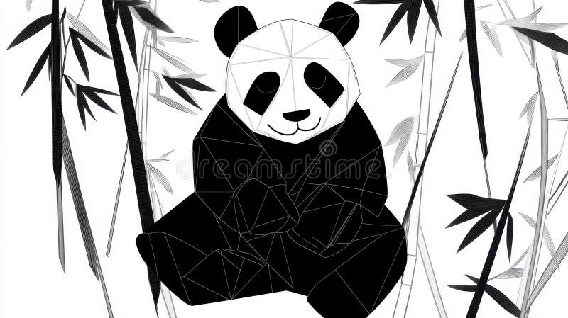 Geometric Panda Illustration Surrounded by Stylized Bamboo in Black and ...