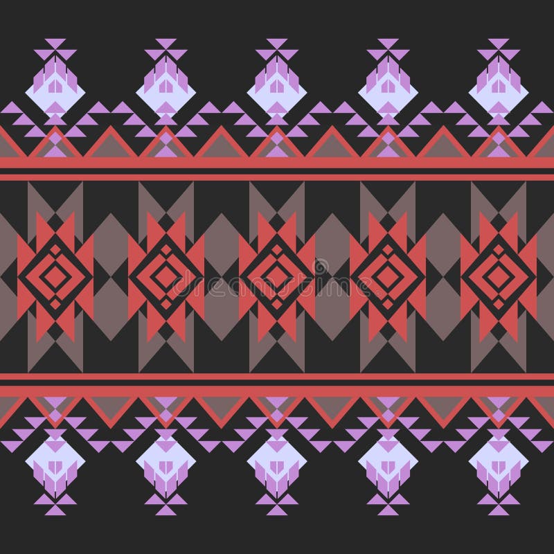 Geometric Ethnic Pattern on Black Background in Brick Red, Gray Tones ...