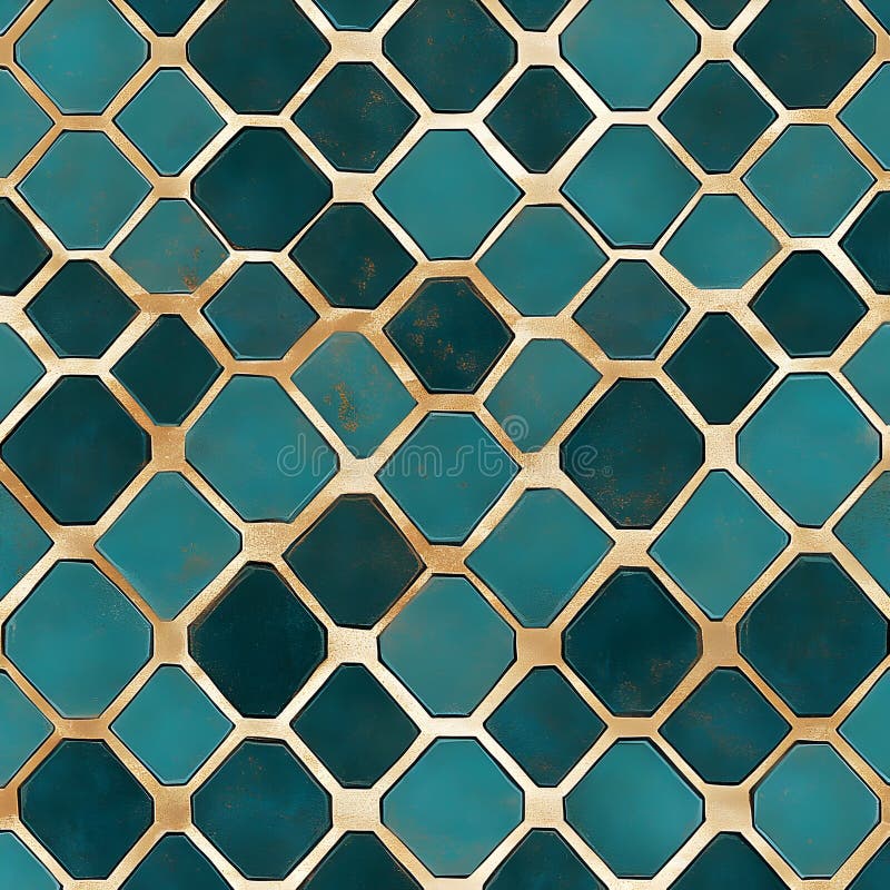 A Geometric Pattern Featuring Hexagonal Tiles in Teal and Gold Tones ...