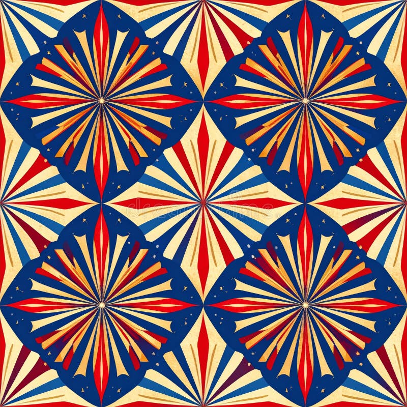 Geometric Pattern with Radial Starbursts in Red Blue and Gold Shades ...
