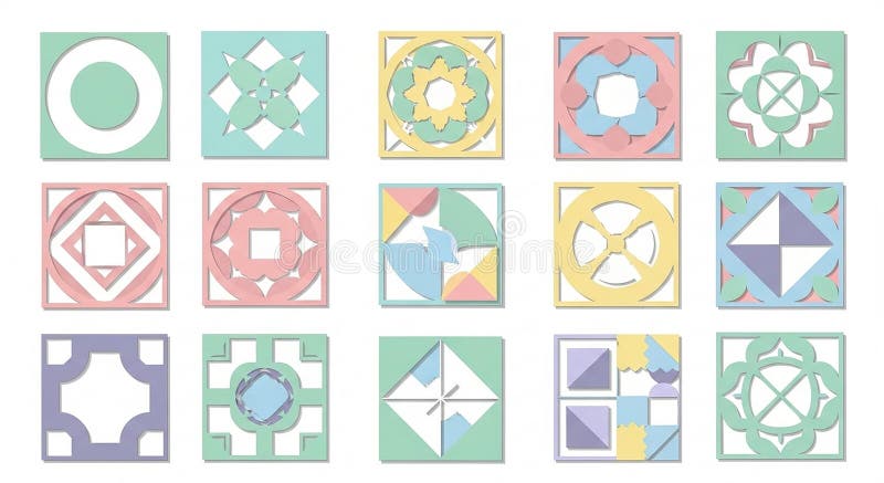 Geometric Pattern Tiles Arranged in a 4x4 Grid. Each Tile Features ...