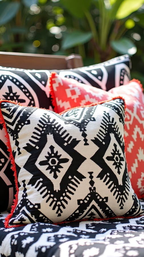 Geometric Patterned Outdoor Cushions on Garden Bench in Sunlight Stock Photo - Image of ...