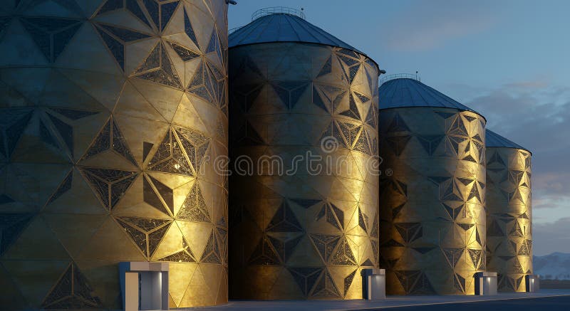 Geometric Patterned Silos Standing Tall at Dusk Industrial Architecture ...