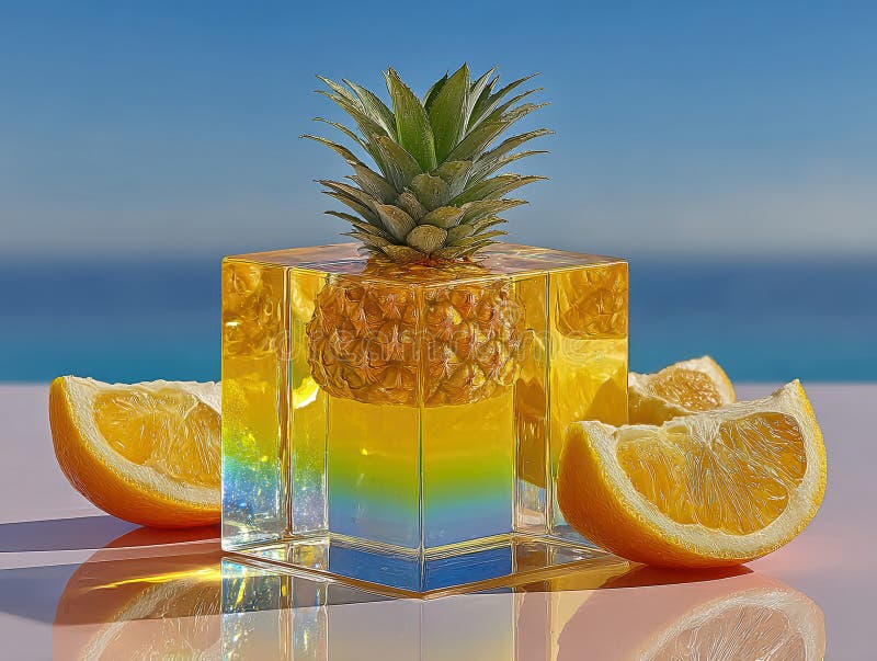 Geometric Pineapple Grid, Translucent Layers, Vibrant Yellow Drink with ...