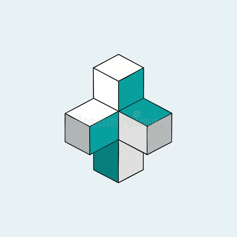 Geometric Plus Sign Formed by Interlocking Cubes in Teal and White ...