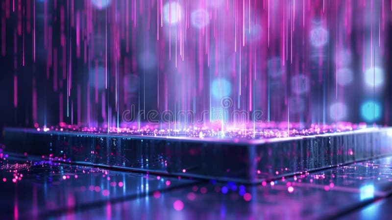 A Geometric Podium Enveloped in a Virtual Matrix Rain with Bright Neon ...
