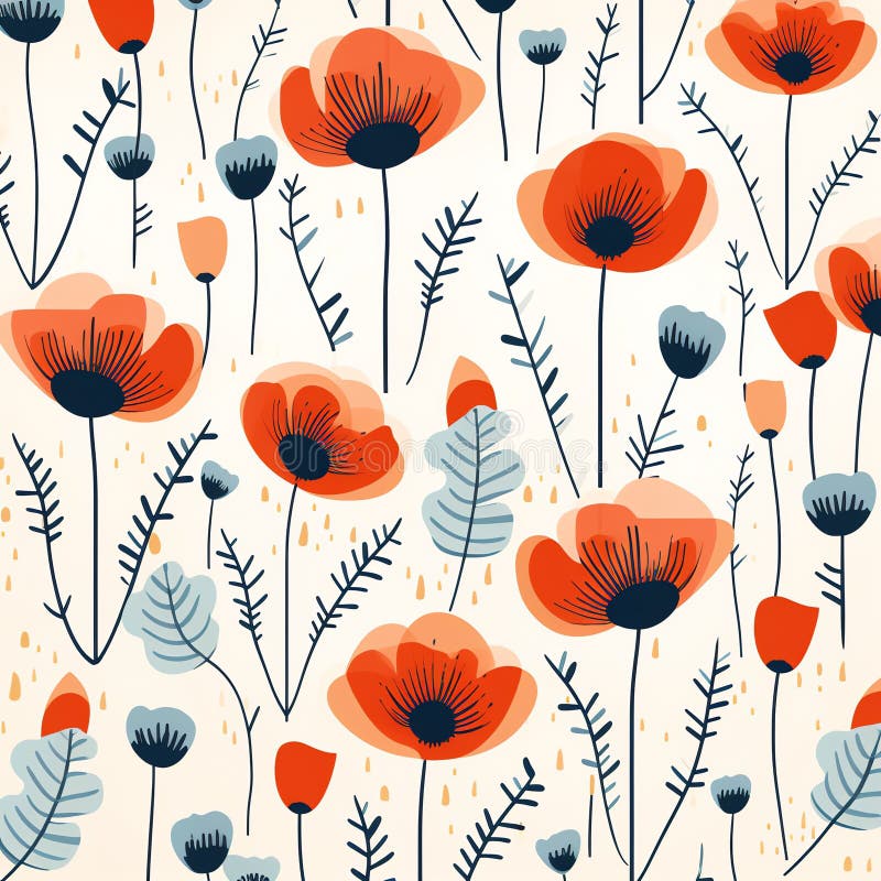 Geometric Poppies Flowers Background Pattern Wallpaper Vector Stock ...