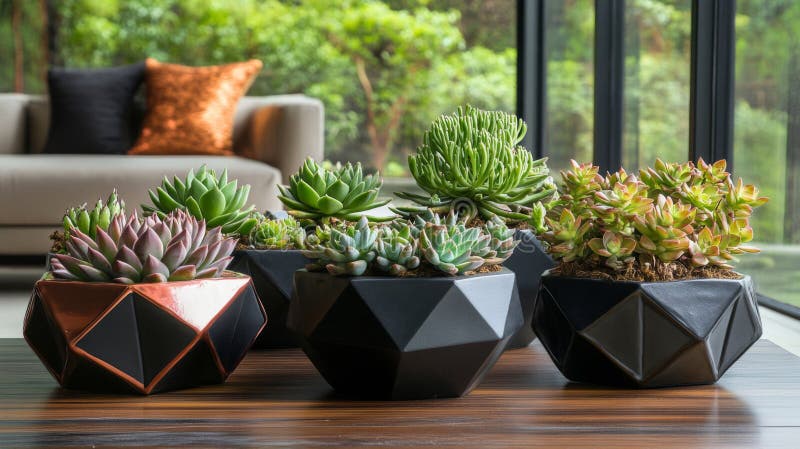 Geometric Pots with Succulents on Wooden Table Stock Illustration ...