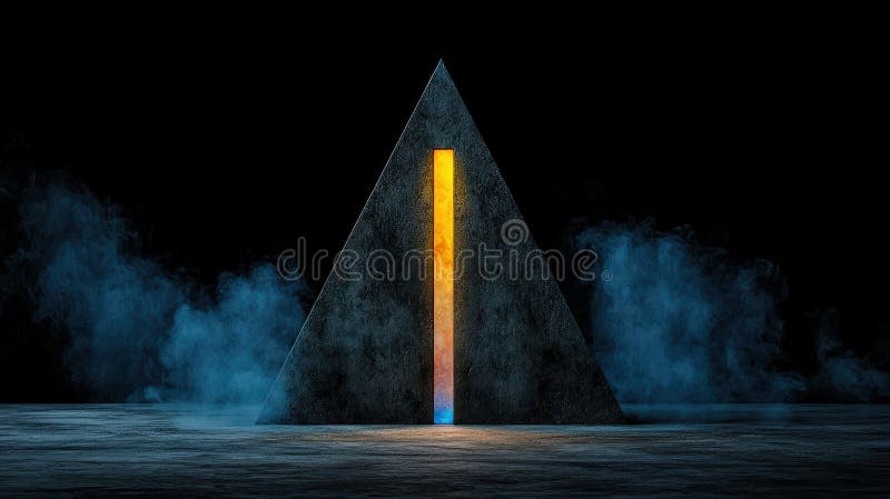 Geometric Pyramid with Glowing Strip Dark Atmosphere and Colorful Smoke ...