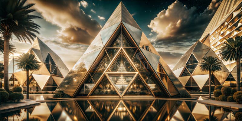Geometric Pyramid Structures Reflecting in Water Surrounded by Palm ...