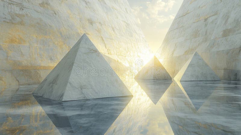 Geometric Pyramids Reflecting in Water with Concrete Texture and Sunlit ...