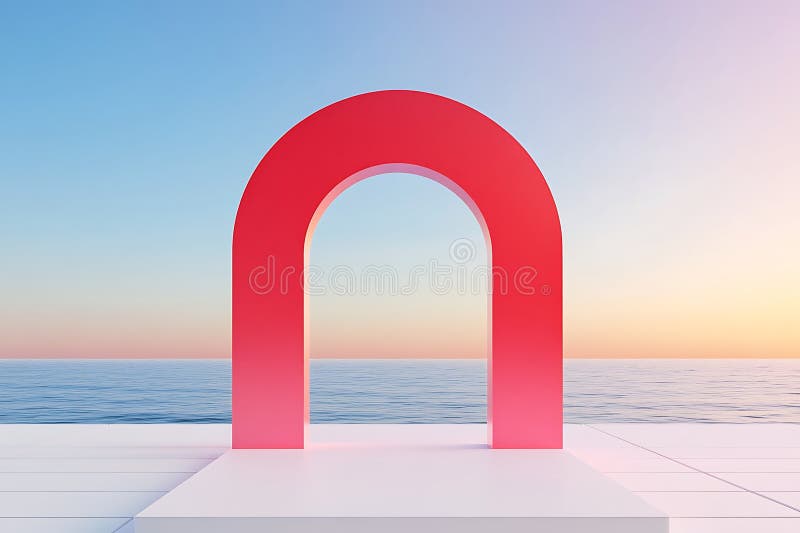 Geometric Red Archway Structure Ocean View Backdrop Sky Minimal ...