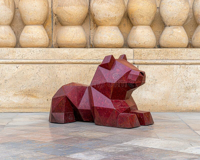 Geometric Red Bear Statue in Front of a Stone Wall Stock Illustration ...