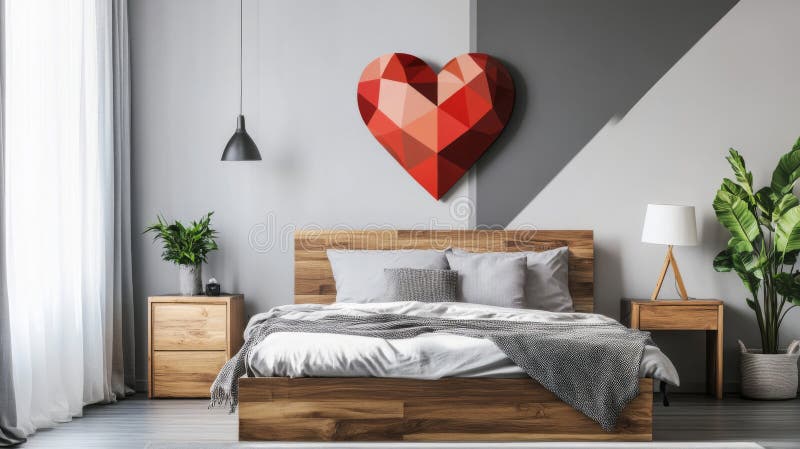 Geometric Red Heart Above Bed in Modern Bedroom Stock Illustration ...
