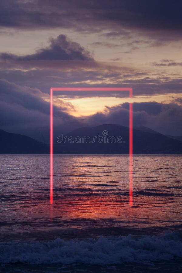 Geometric Red Neon Glowing Rectangular Gate in the Sea Stock Image ...