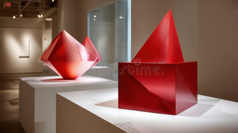 Geometric Red Sculptures in Modern Art Gallery Setting with Soft ...