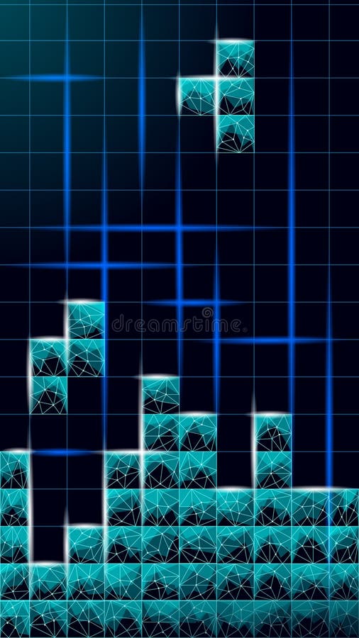 Geometric Retro Video Game. Low Poly Dark Blue 3D Mosaic Block Falls ...