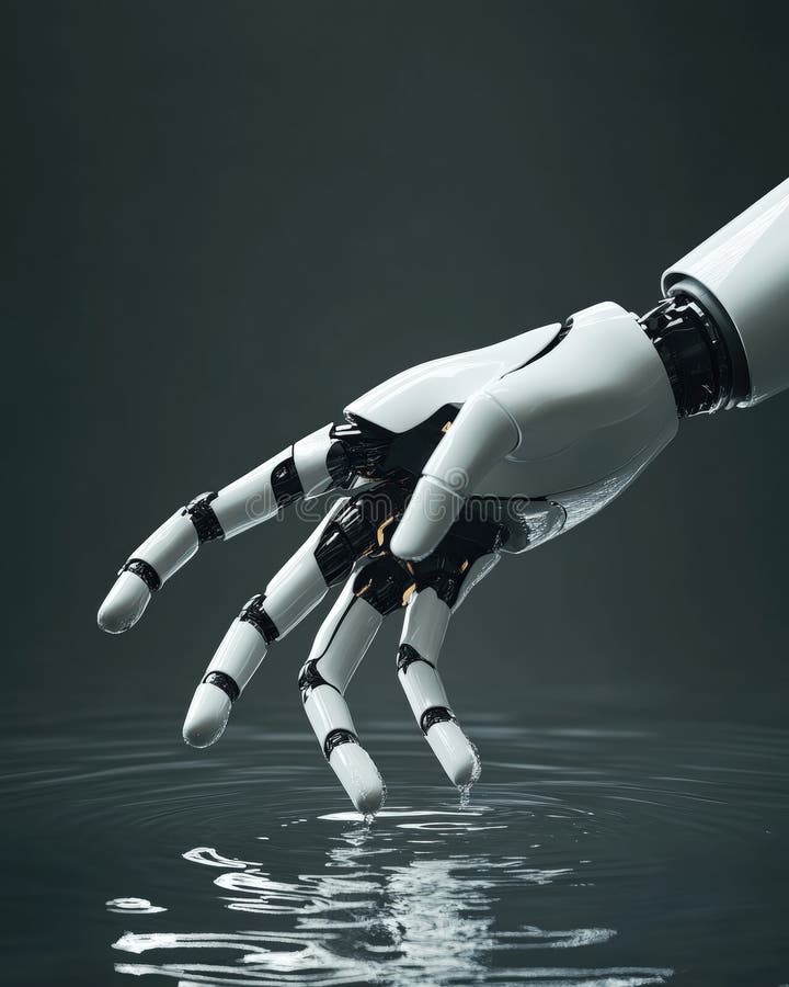 Geometric Robot Hand Touching Water Surface Creating Ripples Digital ...