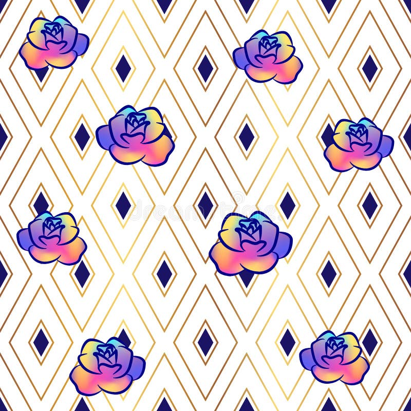Geometric Rose Flower Seamless Pattern in Rainbow or Multi Color Stock ...