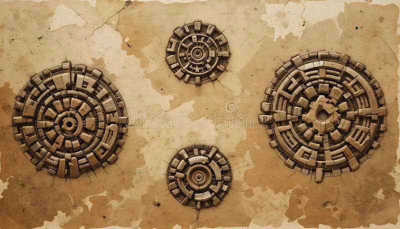 Geometric Round Reliefs on Old Wall with Aged Texture Design Stock ...