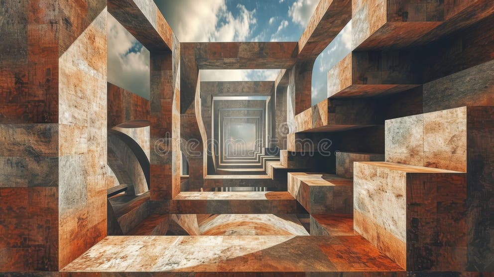 Geometric Rusted Cube Architecture with Infinite Perspective Stock ...