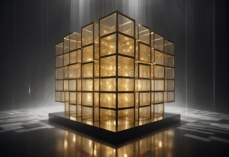 Geometric Sculpture Made of Golden Cubes and Rectangles Suspended in a ...