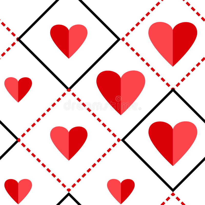 Geometric Seamless Pattern With Squares And Red Hearts. Vector ...