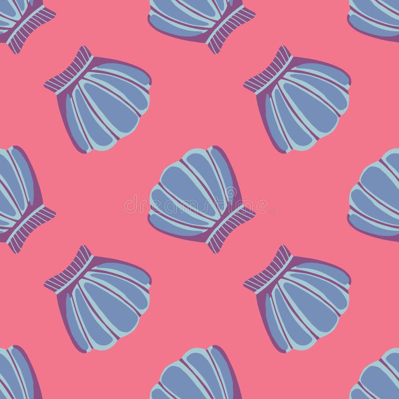 Blue Seashells Seamless Pattern on Pink Stripes Background. Doodle Sea ...