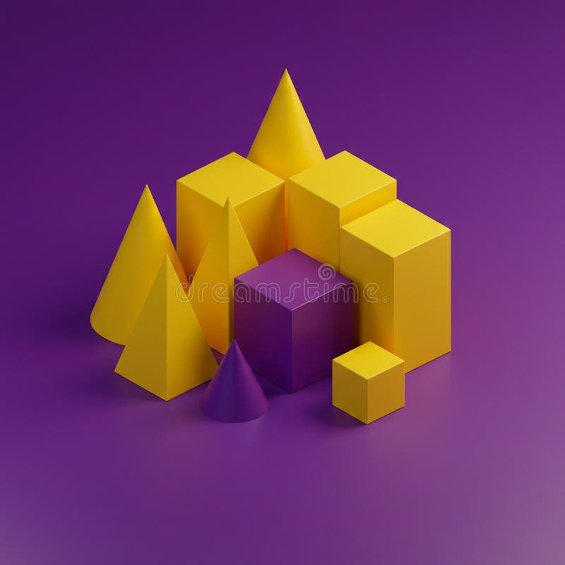 Geometric Shapes Arranged on a Purple Surface, Featuring Yellow Cones ...