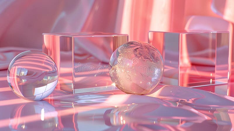 Transparent Geometric Shapes Reflecting Light on a Pink Satin Surface ...