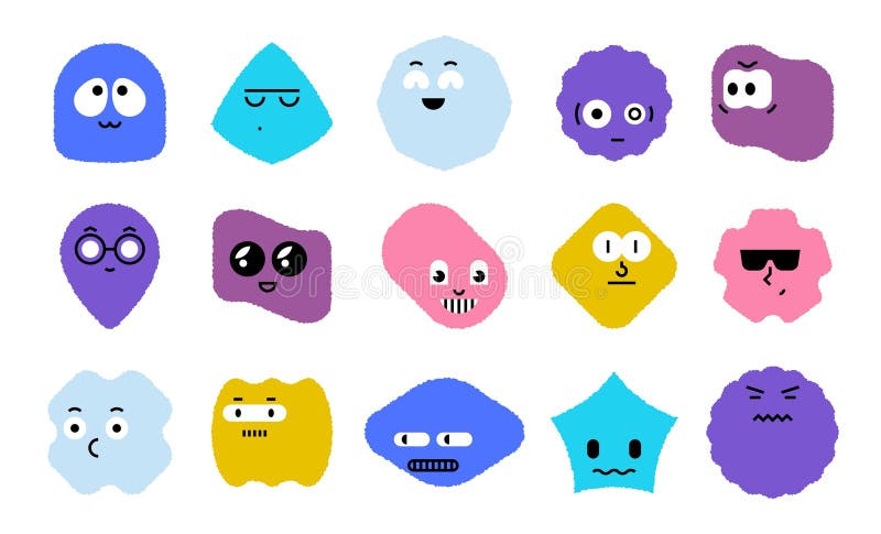 Geometric Shapes with Faces. Cute Comic Grunge Doodle Basic Figures ...