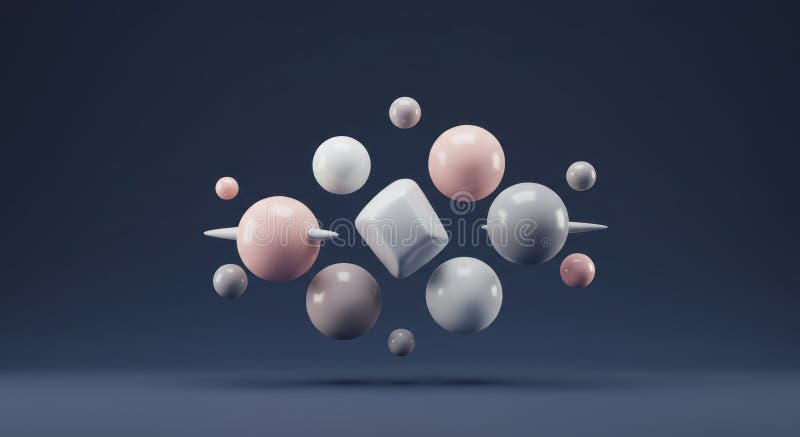 Geometric Shapes Floating in a Dark Background with Pastel Spheres and ...