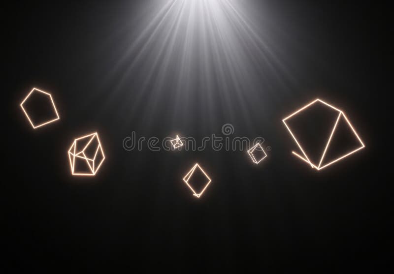 Geometric Shapes Floating in Dark Room with Light Rays Stock Image ...