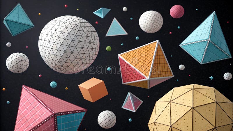 Geometric Shapes Floating in a Dark Space with Spheres Triangles Cubes ...