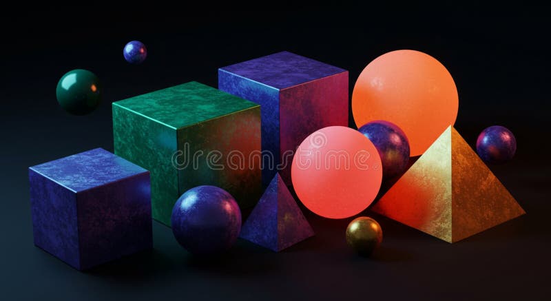 Geometric Shapes, Including Cubes, Spheres, and Pyramids, are Arranged ...