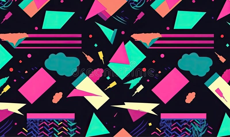 Geometric Shapes and Neon Colors in a 90s Retro Pattern Creating Using ...