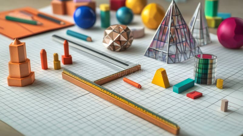Geometric Shapes and Tools Neatly Arranged on Graph Paper Surface Stock ...