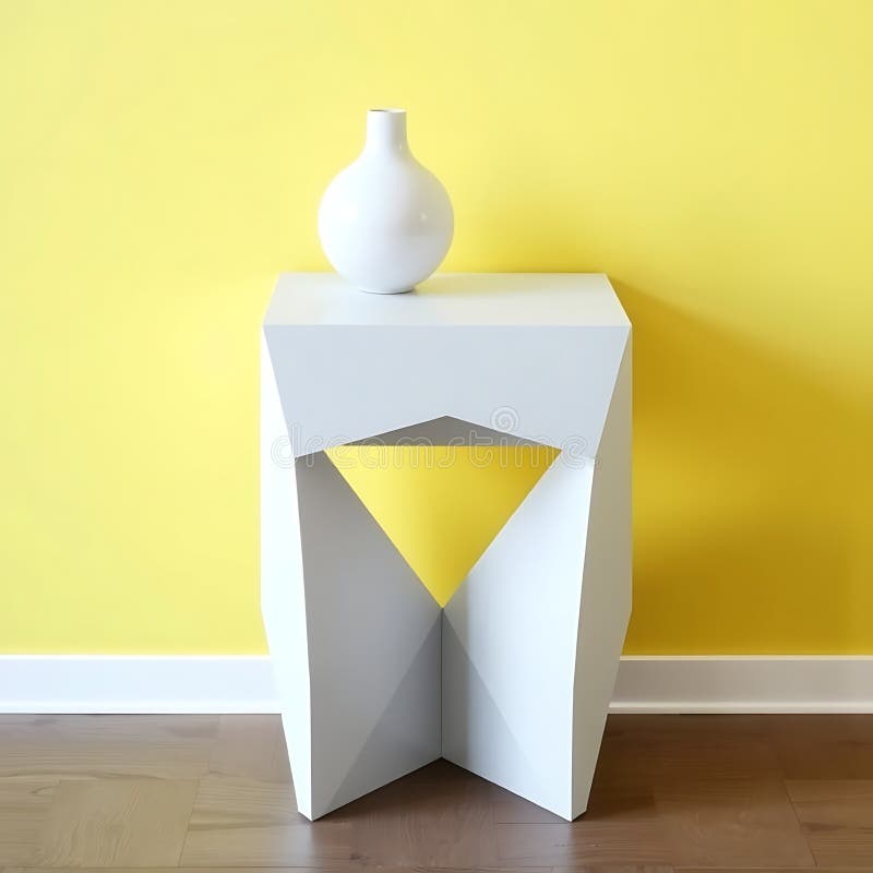 A Geometric Side Table in Light Grey and White on a Pastel Lemon Yellow Wall Stock Illustration ...