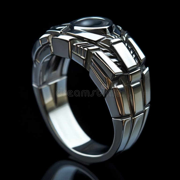 Geometric Silver Ring with Intricate Angular Design on Black Background ...
