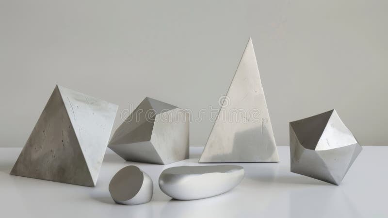 Geometric Silver Sculptures on White Surface: Pyramid, Prism, and More ...