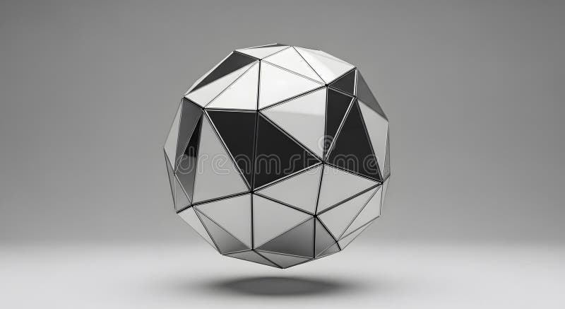 Geometric Silver Sphere with Triangle Facets Floating on Soft Gray ...