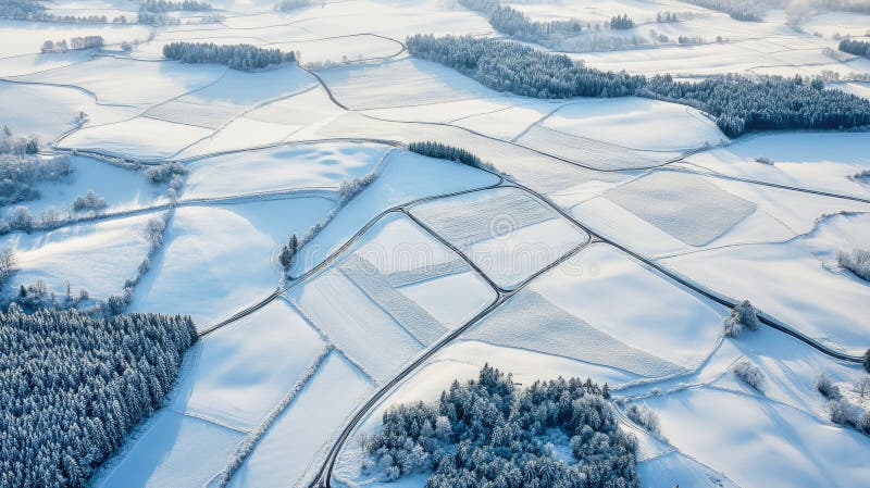 Geometric Snow-covered Fields with Dark Trees and Roads Create a ...