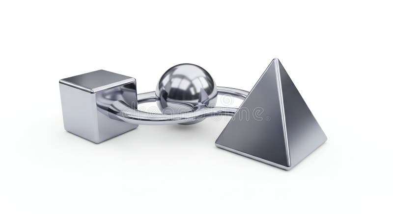 Metal Geometric Shapes a Cube Sphere and Pyramid Connected by Chain ...