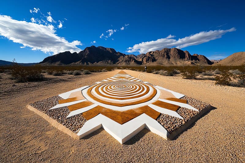 Geometric Stone Art Installation in a Desert Landscape with Mountains ...