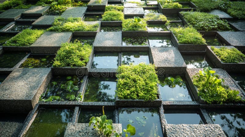 Geometric Stone Pattern with Green Aquatic Plants Stock Illustration ...