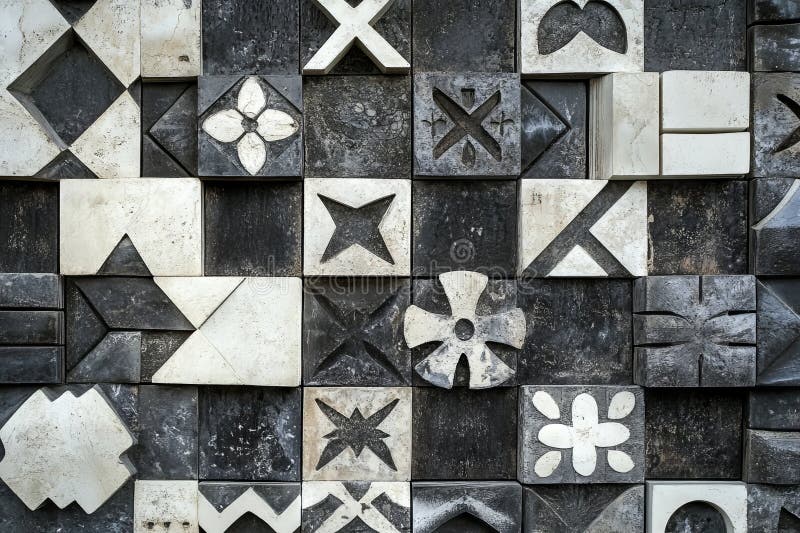 Geometric Stone Wall with Intricate Patterns and Textures in Black and ...
