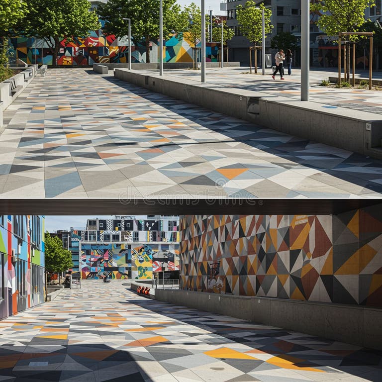 Geometric Street Art in a Modern Urban Setting, Featuring Multicolored ...