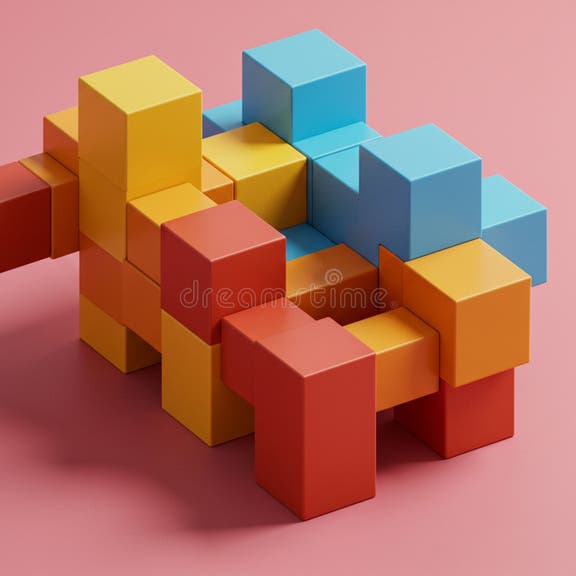 A Geometric Structure Composed of Interlocking Colored Blocks, Featuring Blue, Yellow, Stock ...